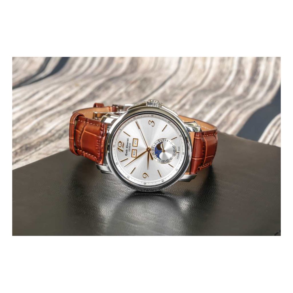 EMILE-CHOURIET Lac Leman Gent’s Silver Dial Brown Leather Strap ...
